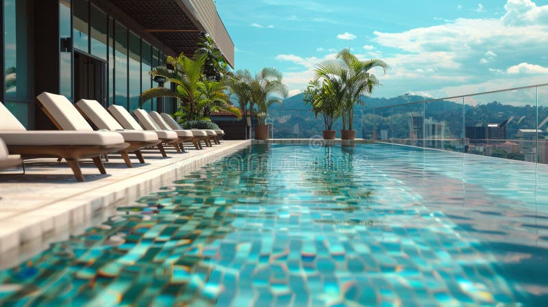 Rooftop Pool Showcasing Panoramic Views in a Hotel Stock Illustration ...