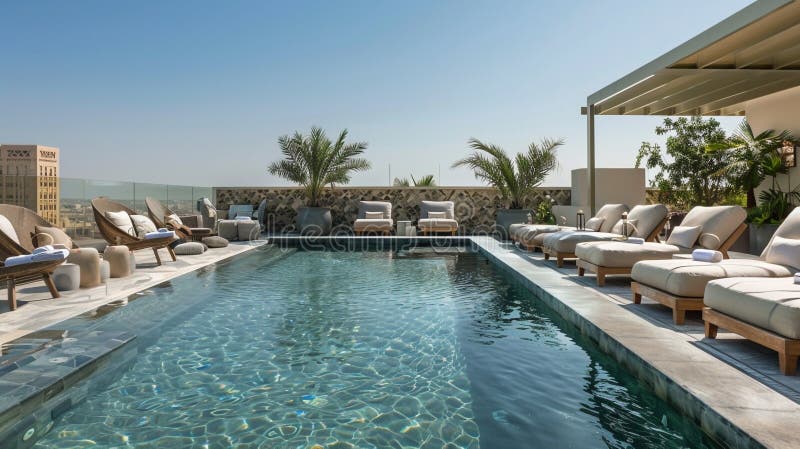 Rooftop Pool Showcasing Panoramic Views and Stylish Loungers Stock ...