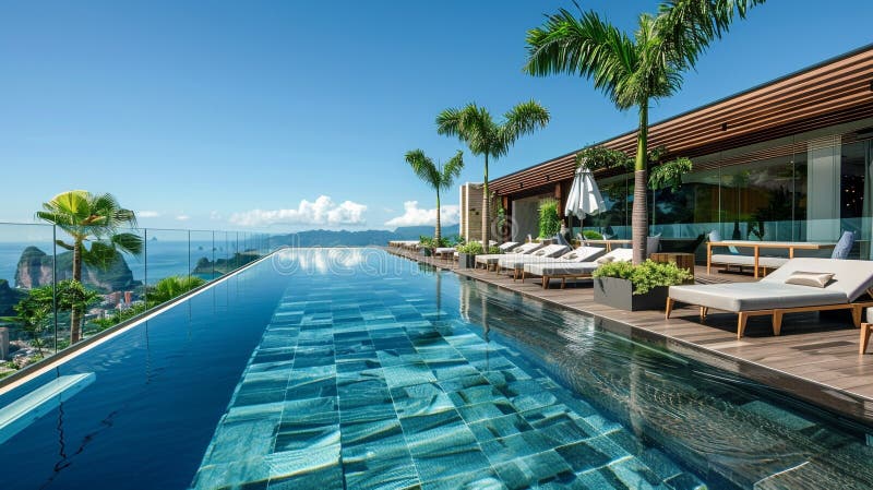 Rooftop Pool Showcasing Panoramic Views with Stylish Loungers Stock ...