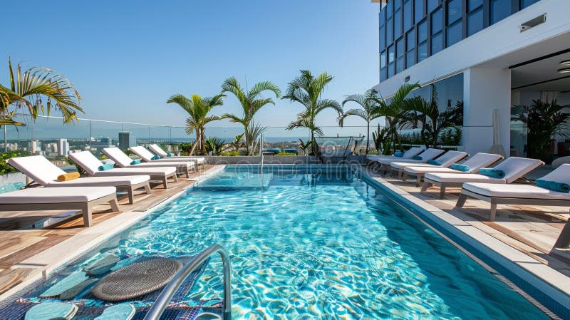 Rooftop Pool Showcasing Panoramic Views with Stylish Loungers Stock ...