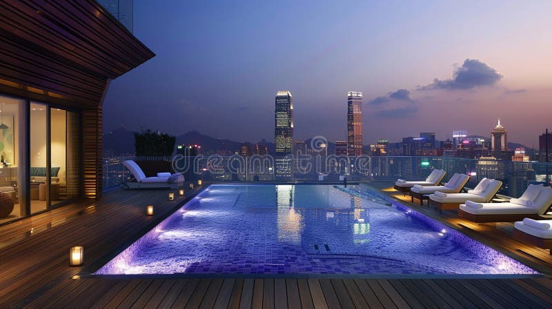Rooftop Pool Showcasing Stunning Views with Comfortable Loungers and ...