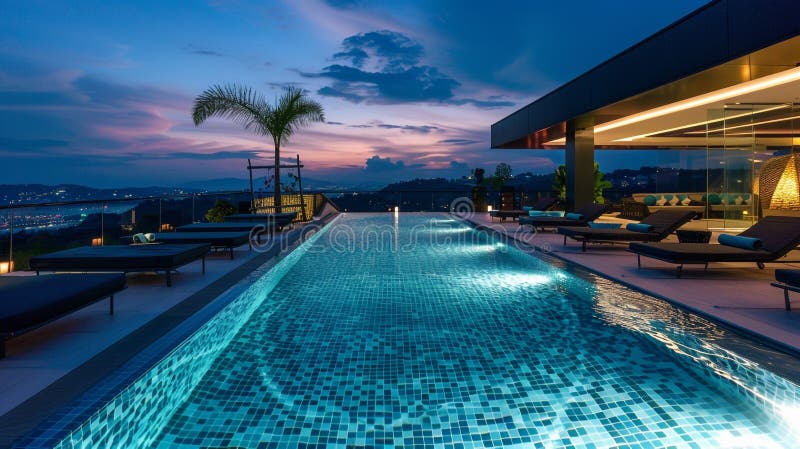 Rooftop Pool Showcasing Stunning Views with Loungers and Ambient ...
