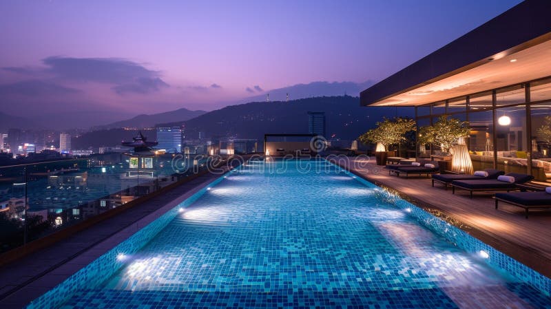Rooftop Pool Showcasing Views with Loungers and Ambient Lighting Stock ...