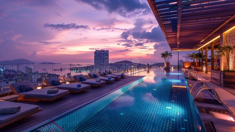 Rooftop Pool Showcasing Views with Loungers and Ambient Lighting Stock ...