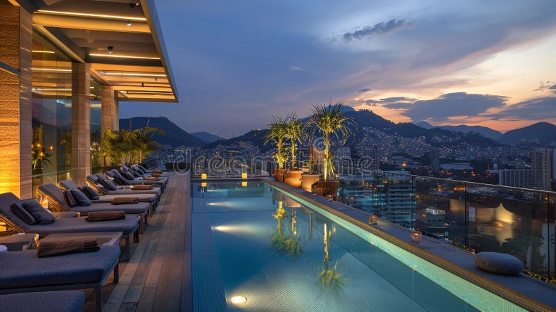 Rooftop Pool Showcasing Views with Loungers and Ambient Lighting Stock ...