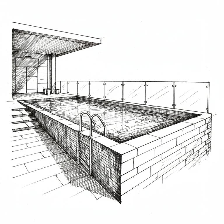 Rooftop Pool Sketch Shows a Rectangular Swimming Pool with Tile Walls ...