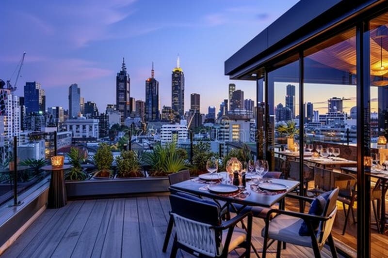 Rooftop Restaurant with City Skyline View Stock Illustration ...