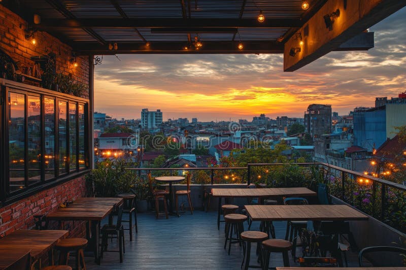 Rooftop Restaurant with Cityscape View at Sunset Stock Photo - Image of ...
