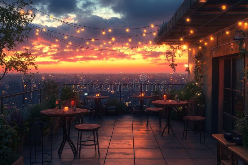 Rooftop Restaurant with Cityscape View at Sunset Stock Image - Image of ...