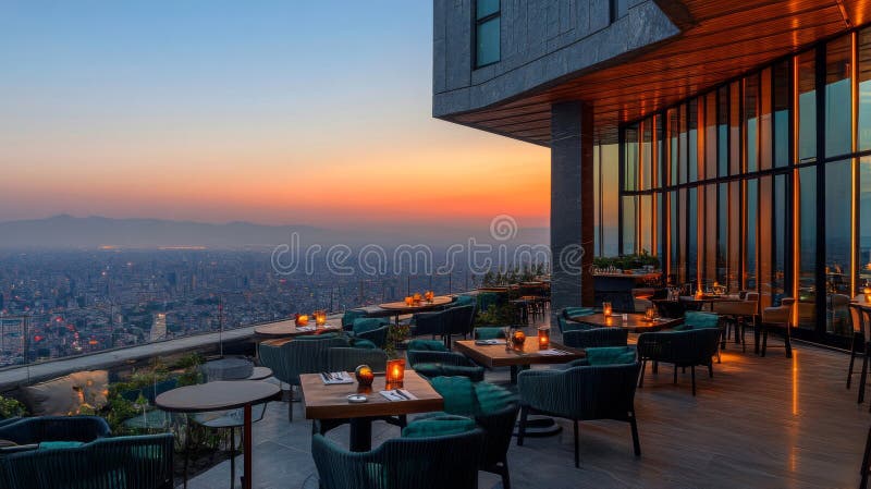 Rooftop Restaurant with Panoramic City Sunset View Stock Illustration ...