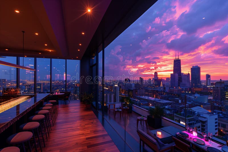 A Rooftop Restaurant Provides a Panoramic View of the City As the Sun ...