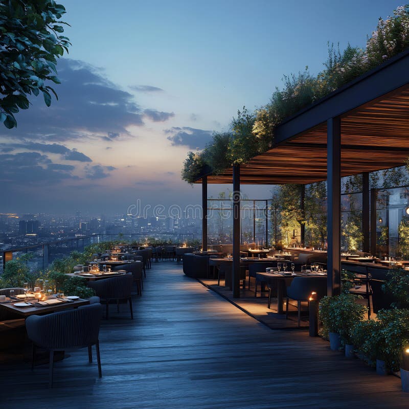 Rooftop Restaurant with a Wooden Deck, Featuring Modern Dining Tables ...