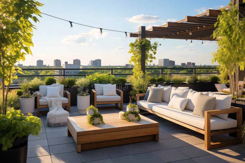 Rooftop Resting Area with View of Skyscraper. Generative AI Stock Image - Image of view ...