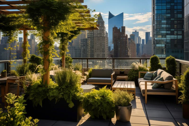 Rooftop Seating Area with View of Skyscraper. Generative AI Stock Photo ...