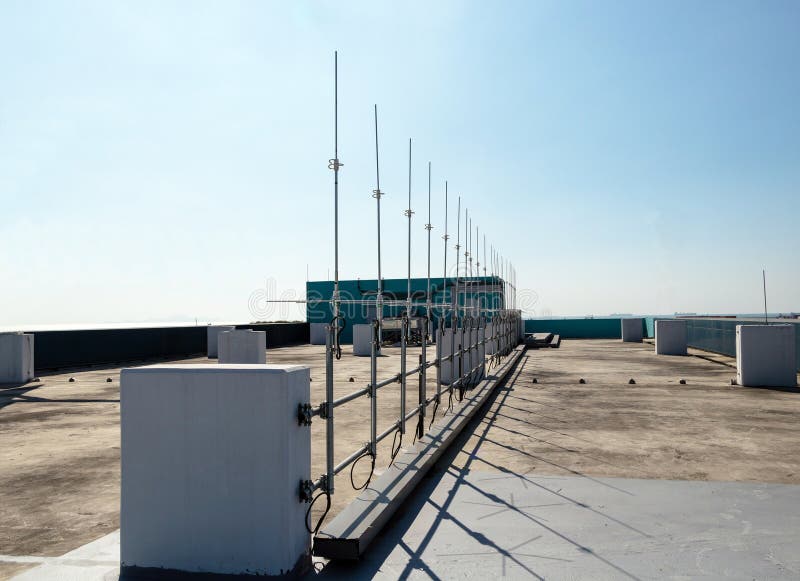 Rooftop Small Radio Television Communication Tower Antenna. Sky with ...