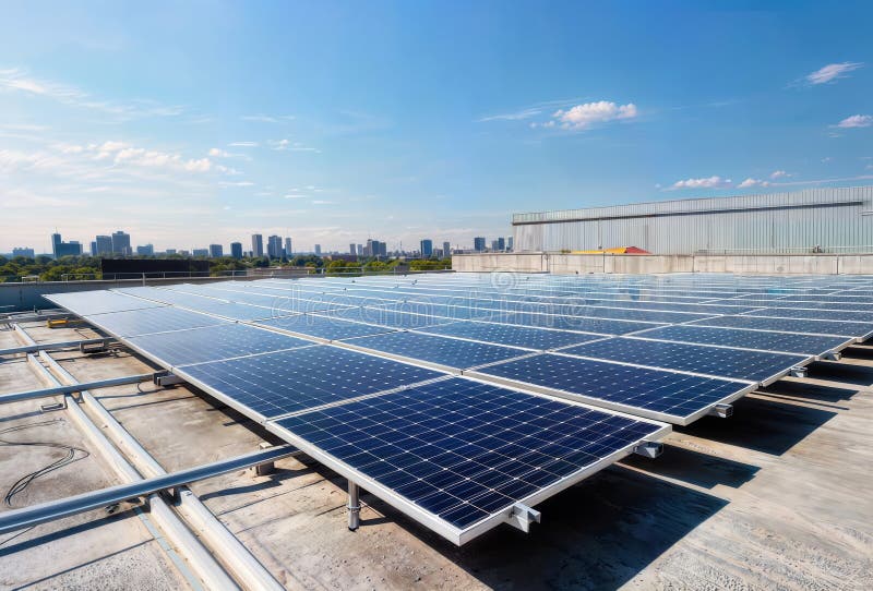 Rooftop Solar Panel Array with City Skyline and Greenery Backdrop ...