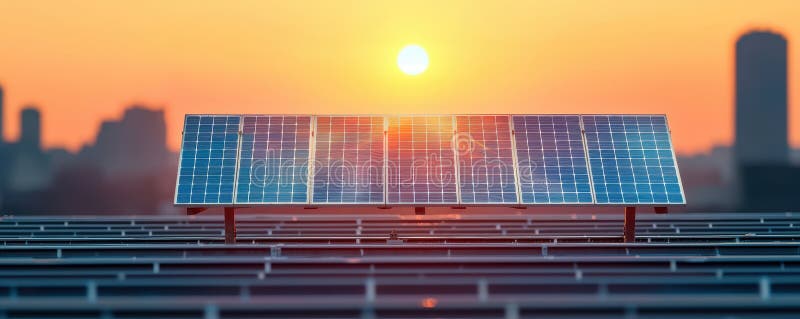 Rooftop Solar Panel Array at Sunset Cityscape Background Clean Energy ...