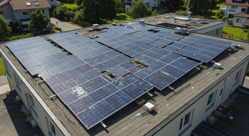 Rooftop Solar Panel Installation on a Flat Building. the Panels Cover ...