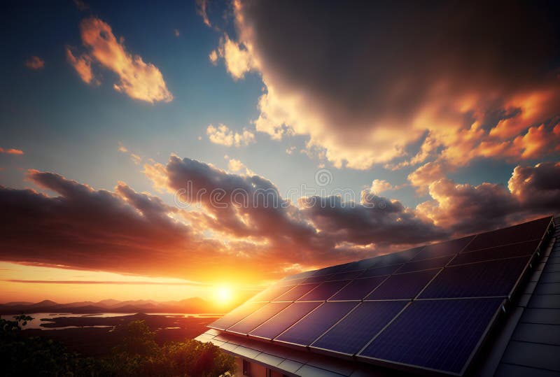 Rooftop Solar Panel Installation at Sunset, with the Sun Setting Behind ...