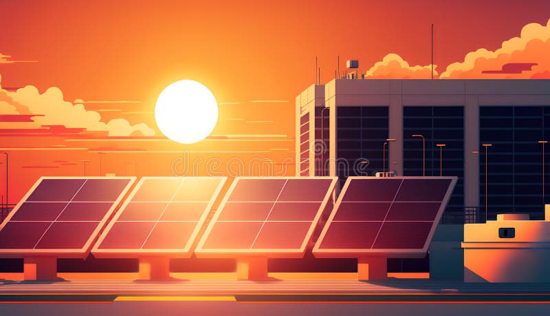 Rooftop Solar Panel Installation at Sunset, with the Sun Setting Behind ...