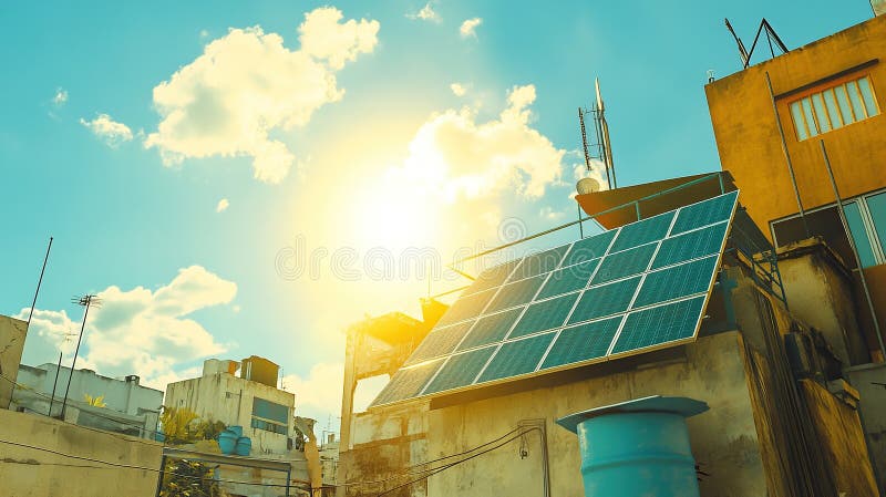 Rooftop Solar Panels on Building, Sunny Day Stock Photo - Image of ...