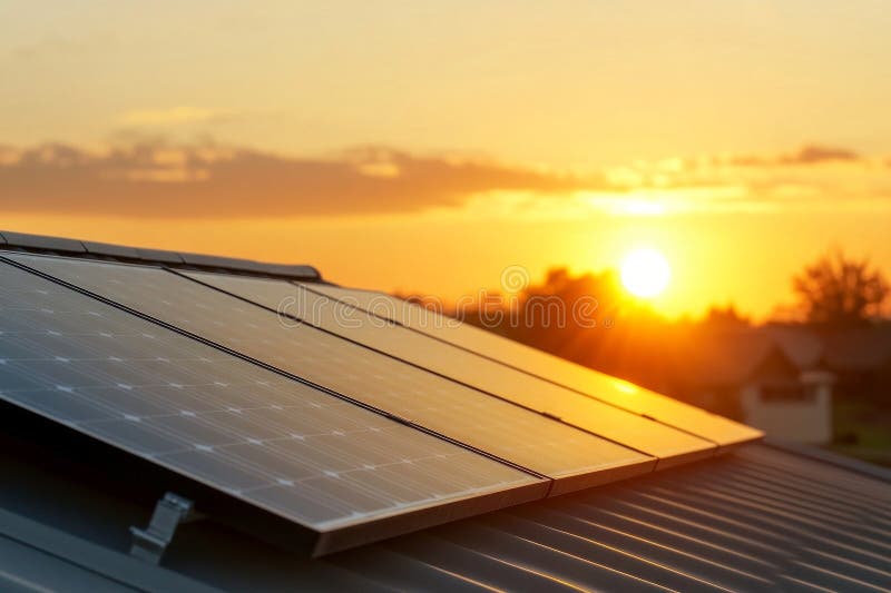 A Rooftop with Solar Panels Capturing the Warm Rays of a Sunset ...
