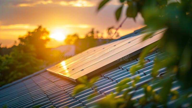 A Rooftop with Solar Panels Catching the Last Rays of Sunlight before ...