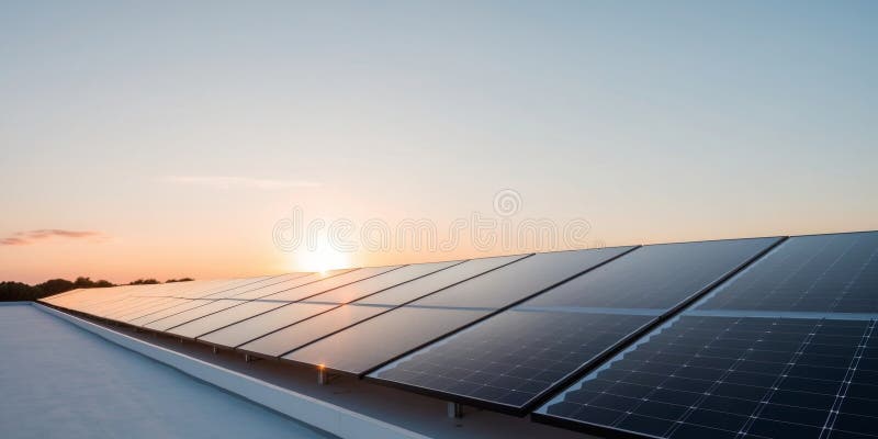 Rooftop Solar Panels at Sunset with Clear Sky and Golden Light ...