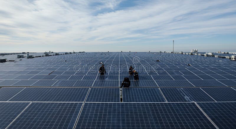 Rooftop Solar Power: Workers Maintaining a Large Solar Panel Array ...