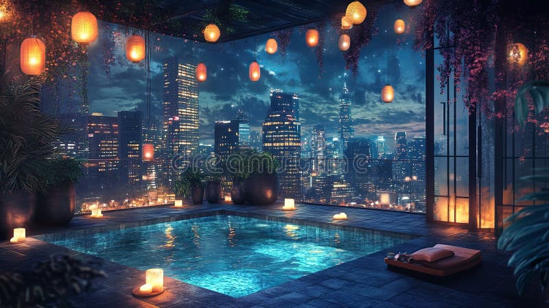 Rooftop Spa at Night with Lanterns, Stars, and City Skyline. Stock ...