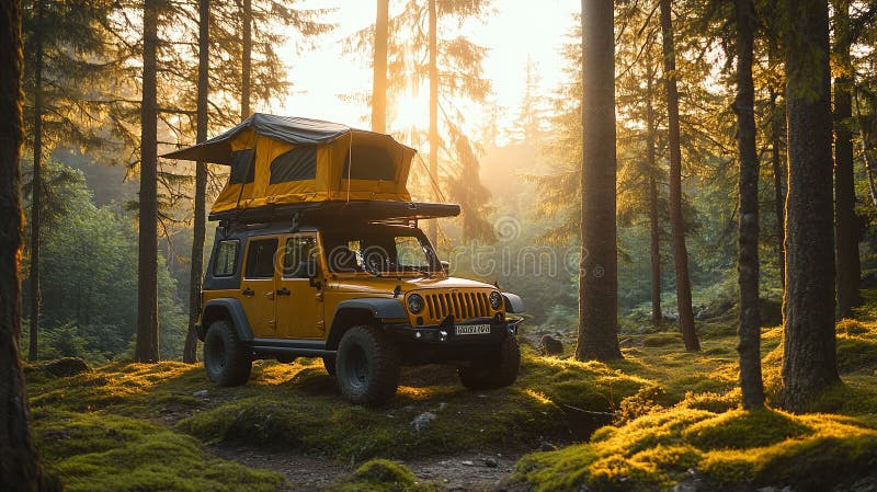 Rooftop Tent in Deep Forest, Sunrise Glow, Peaceful . Stock Image ...