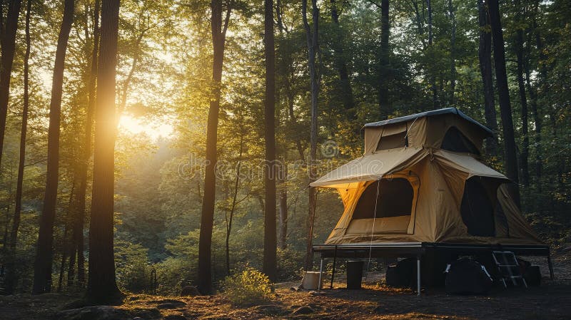 Rooftop Tent in Deep Forest, Sunrise Glow, Peaceful . Stock Image ...