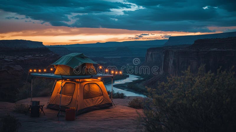 Rooftop Tent at Twilight with Cozy Lights, Remote Canyon in Background ...