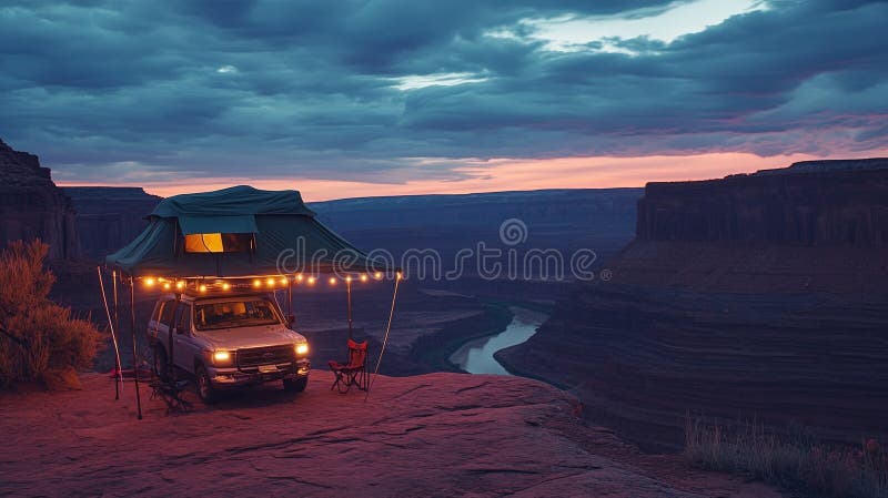 Rooftop Tent at Twilight with Cozy Lights, Remote Canyon in Background ...