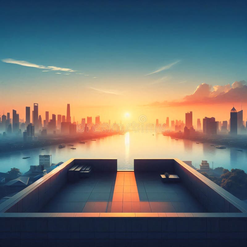 A Rooftop Terrace with a Breathtaking View of a City at Sunset Stock ...