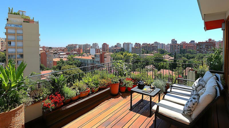 Rooftop Terrace with City View Stock Illustration - Illustration of ...