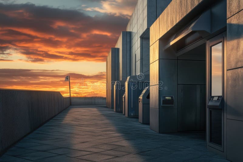 Sunny Evening View from a Rooftop Terrace with Automated Kiosks and ...