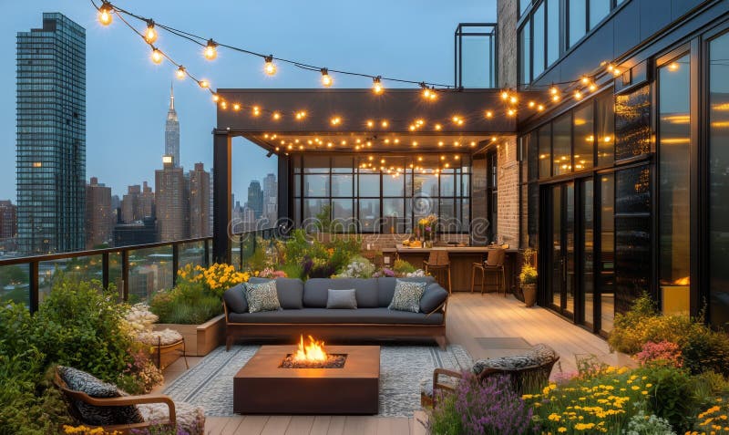 Cozy Rooftop Terrace with Fire Pit and String Lights in a Cityscape ...