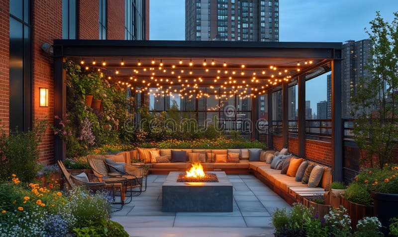 Cozy Rooftop Terrace Fire Pit String Lights Cityscape Twilight Stock ...