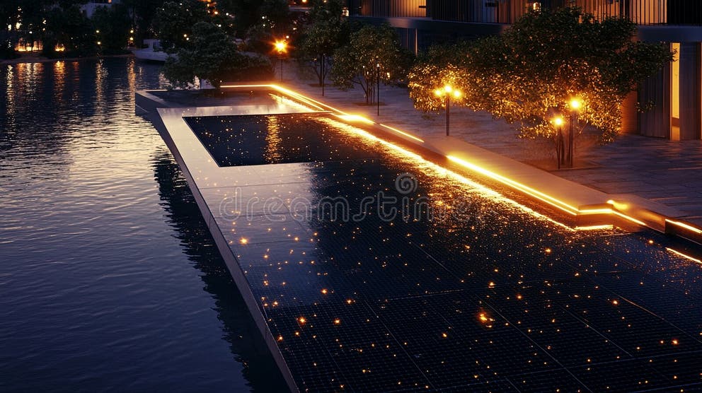 A Rooftop Terrace with an Infinity Edge Reflecting Pool and Solar Stock ...