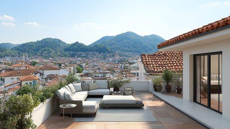 Rooftop Terrace Lounge with Panoramic City View Stock Illustration ...