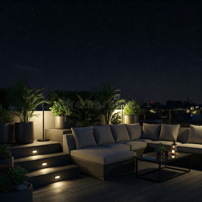 Rooftop Terrace Night Landscape Lighting (Generated with AI) Stock ...