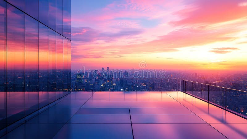 Rooftop Terrace Overlooking a City at Sunset Stock Illustration ...