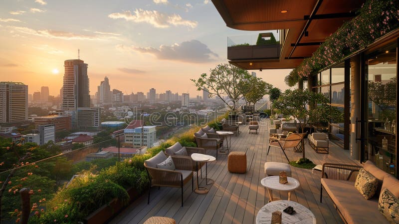 Rooftop Terrace Showcases Panoramic City Views with Stylish Seating and ...