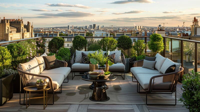 Rooftop Terrace Showcasing Panoramic City Views with Stylish Seating ...