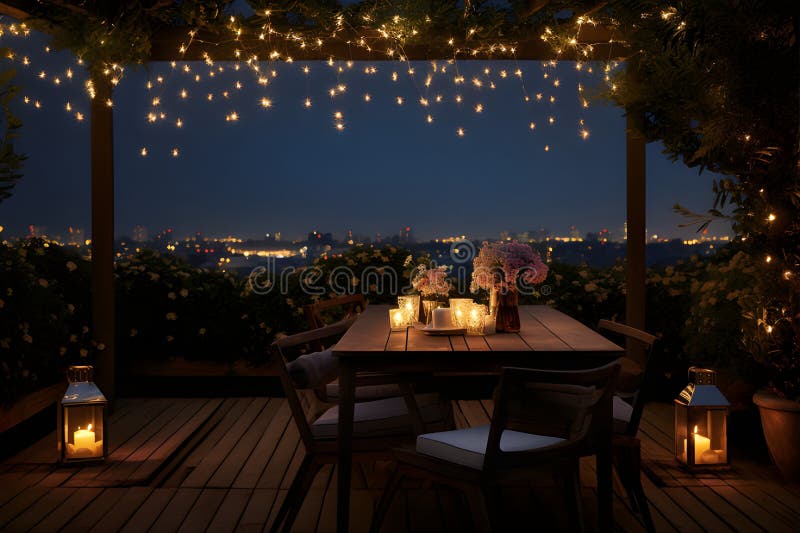 Rooftop Terrace with Strings of Fairy Lights Sets the Stage for a ...