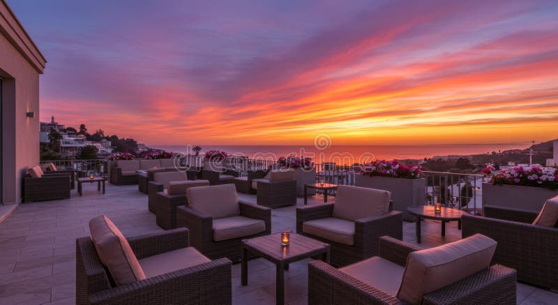 Rooftop Terrace Sunset View with Lounge Chairs Stock Illustration ...