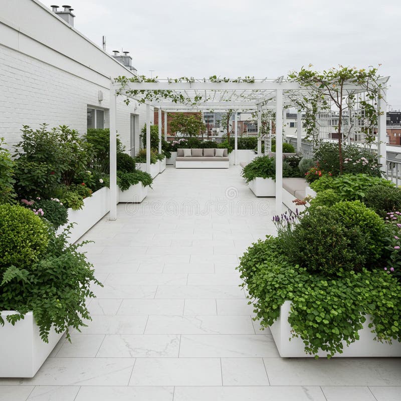 Rooftop Terrace with a White Pergola Covered in Green Vines. Large ...