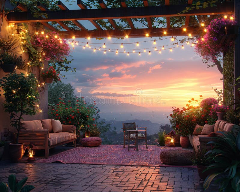Rooftop Urban Garden with Cozy Seating and String Lights3D Render Stock Illustration ...
