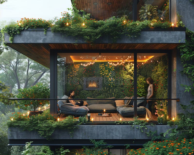 Rooftop Urban Garden with Cozy Seating and String Lights3D Render Stock Illustration ...